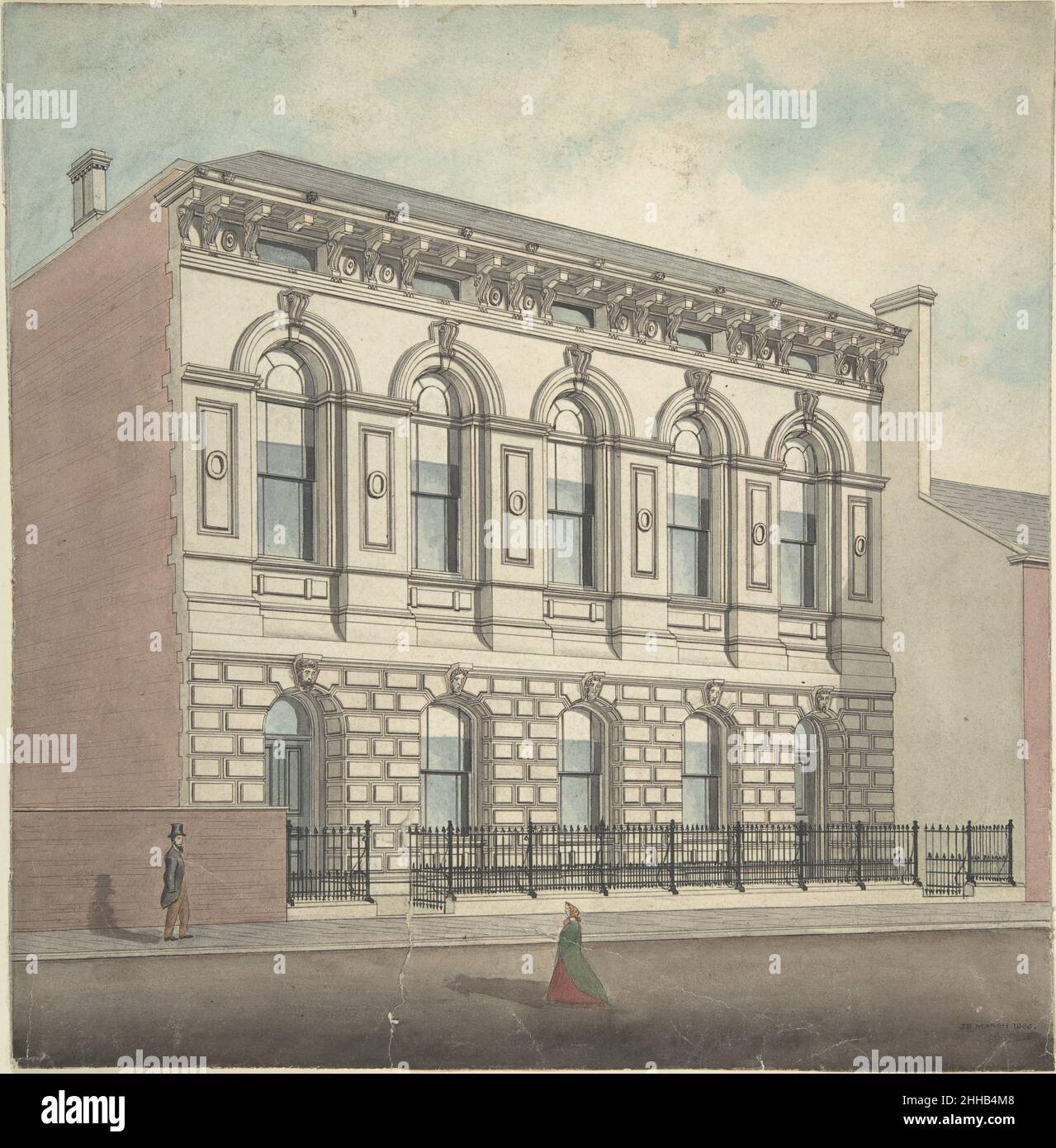 Perspective elevation, from left, of stonefaced building of five bays ...