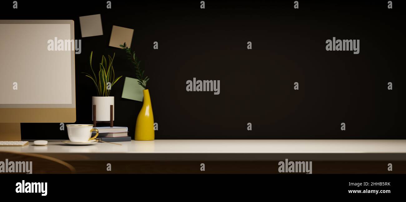 Modern dark workspace with desktop computer mockup, offie supplies and ...