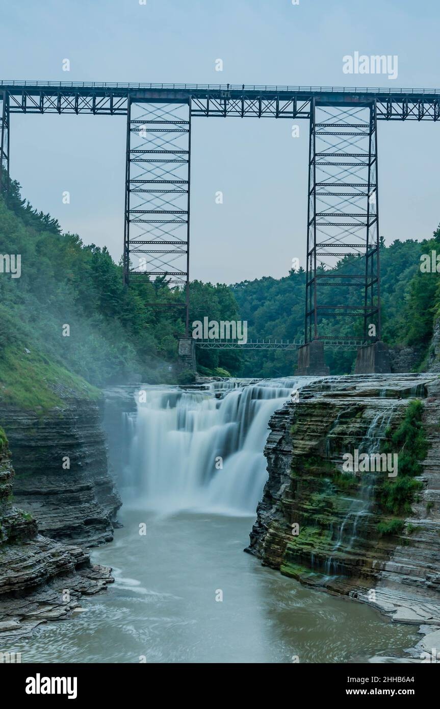Railroad Bridge and Upper Falls, Letchworth State Park, New York, USA ...
