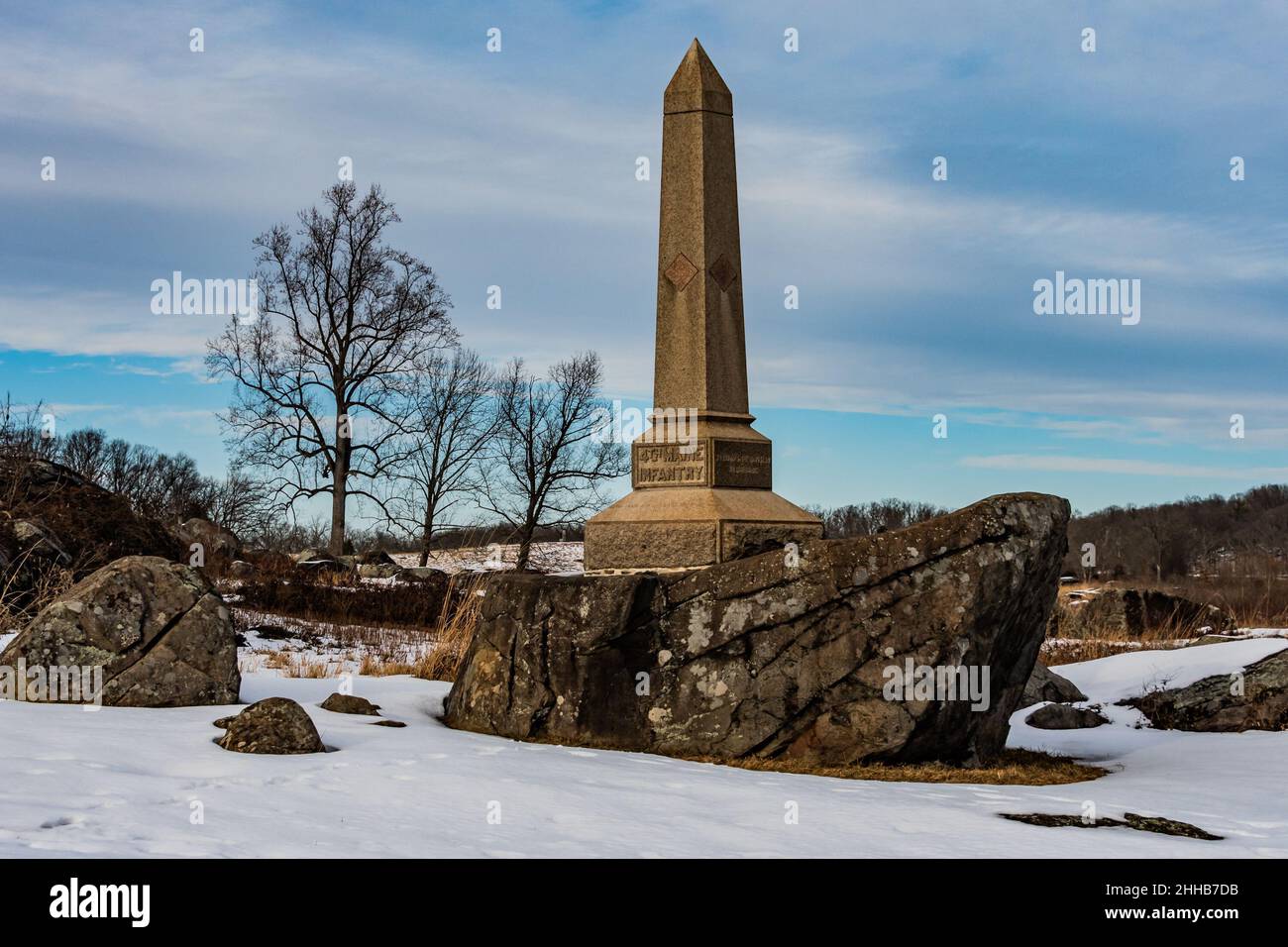 The 4th Maine Infantry Monument in Winter, Gettysburg National Military Park, Pennsylvania, USA ...