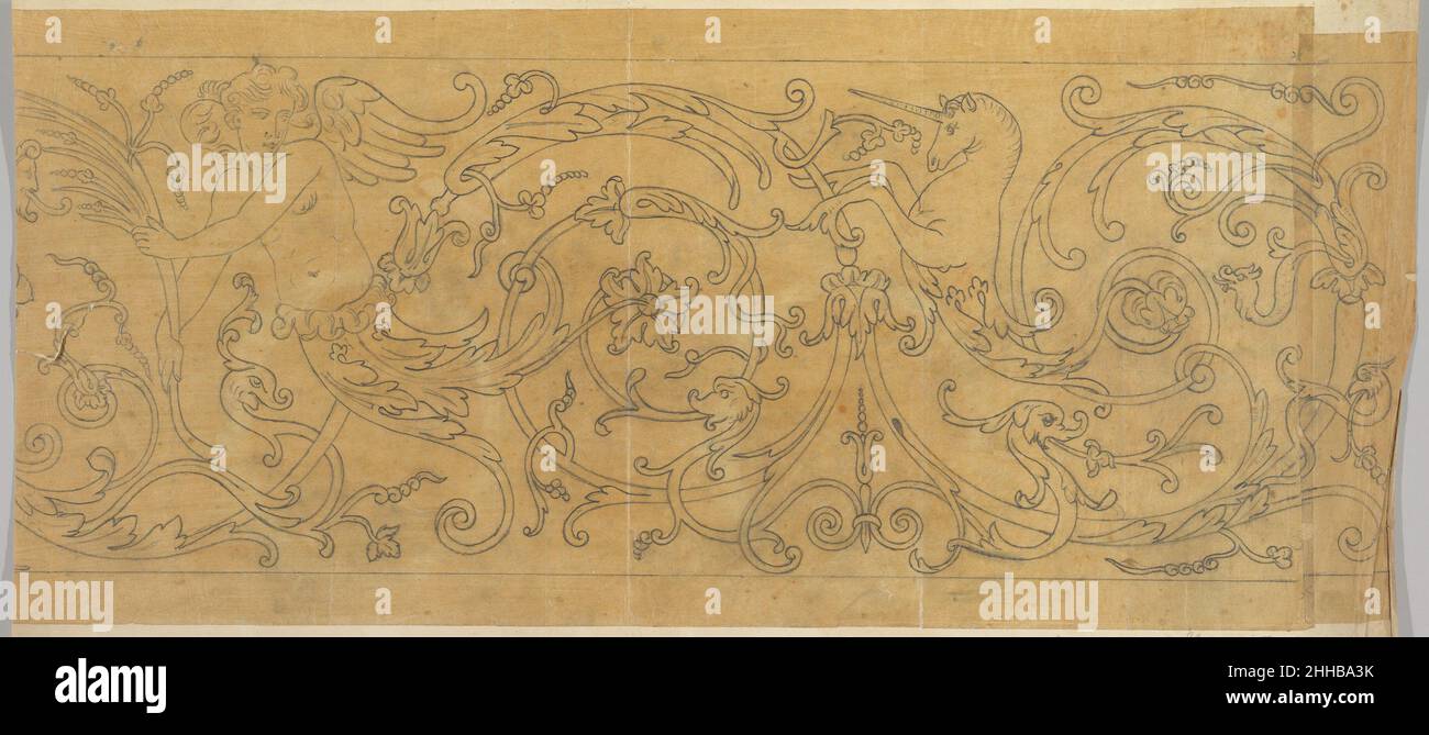 Rinceau Border with Unicorn and Inlay on copper, Italian 18th century ...