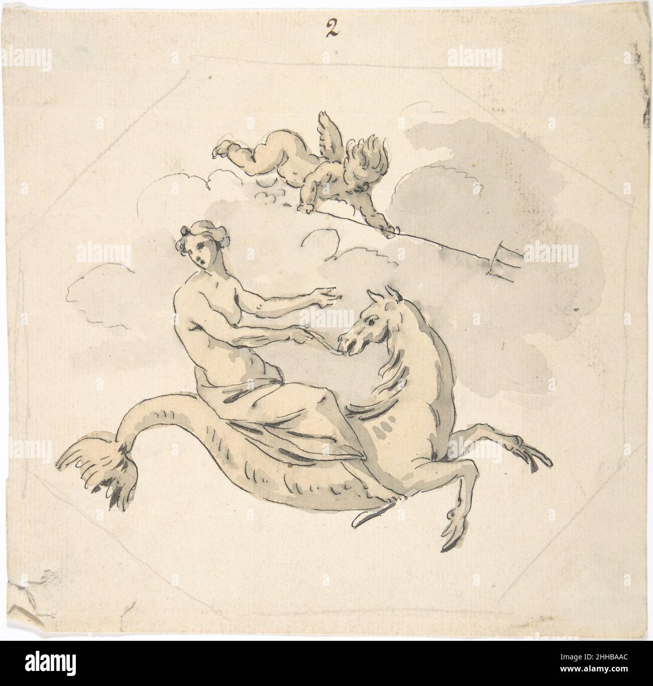 Ceiling Design of a Nereid Mounted on a Hippocamp with Putto 18th century Anonymous, French ...