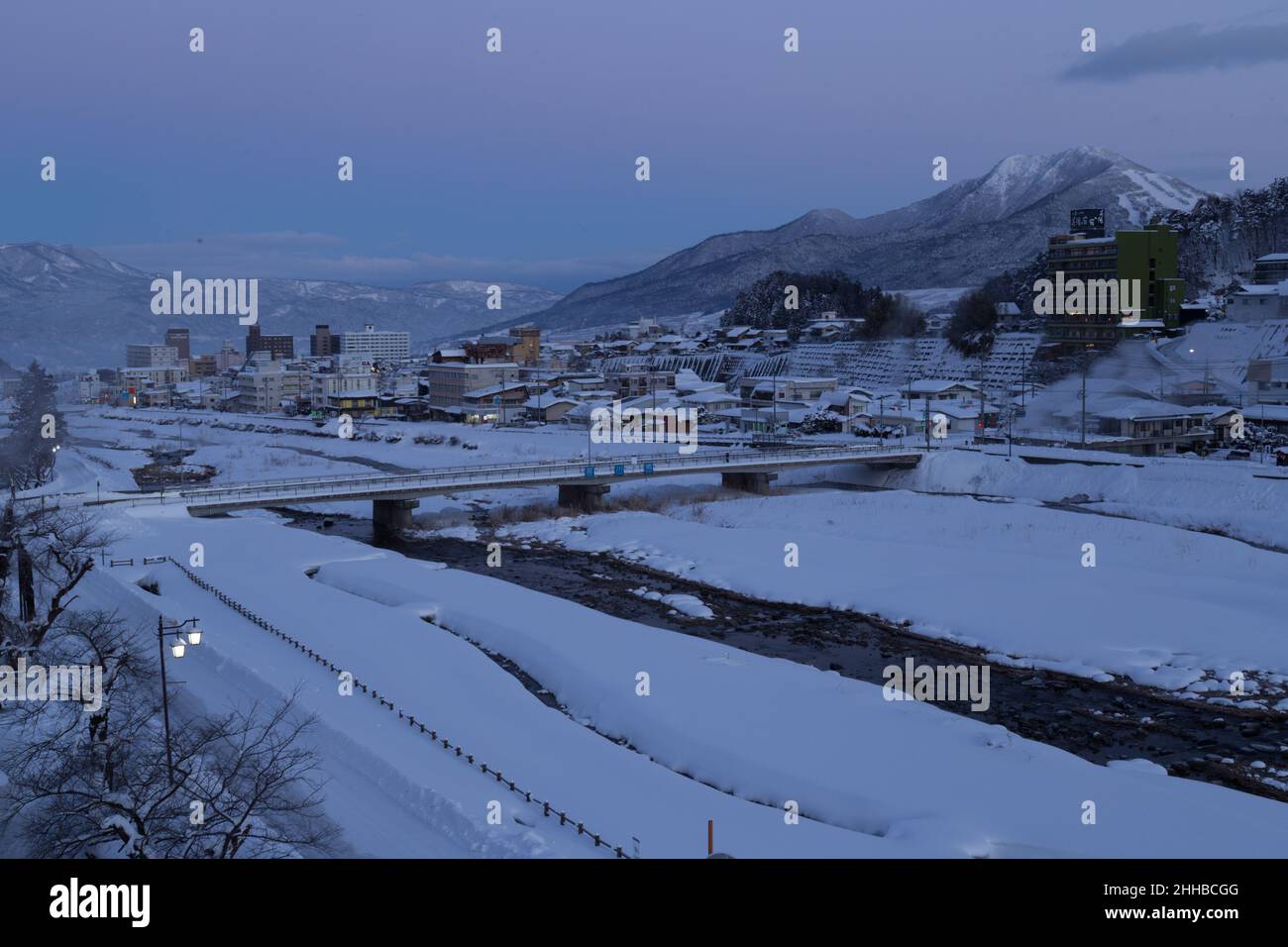 Yudanaka, Nagano, Japan, 2022/22/01 , View of Yomase river and the city ...