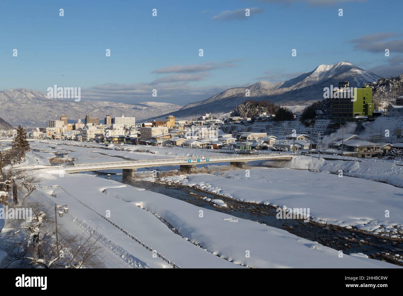 Yudanaka, Nagano, Japan, 2022/22/01 , View of Yomase river and the city ...