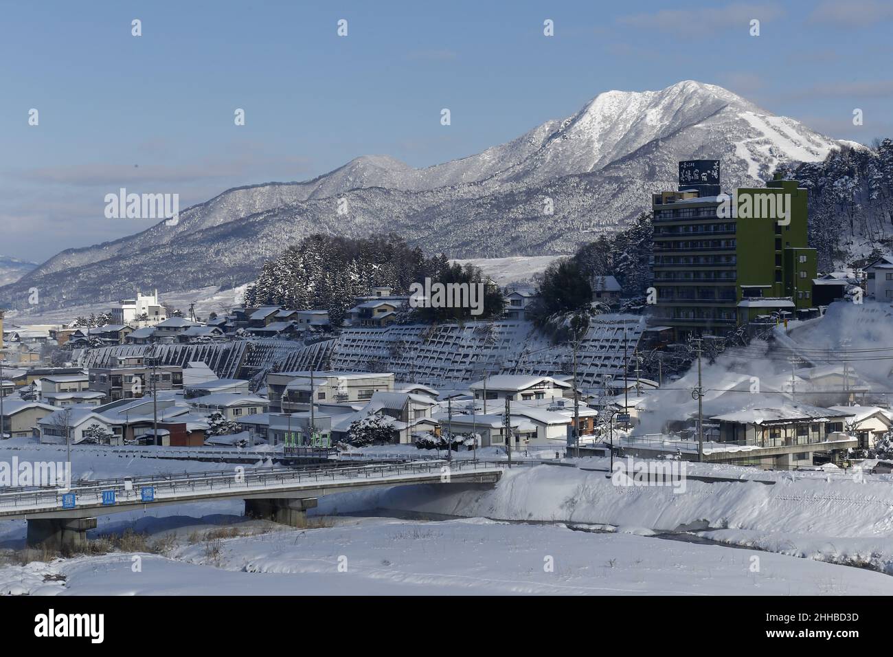 Yudanaka, Nagano, Japan, 2022/22/01 , View of Yomase river and the city ...