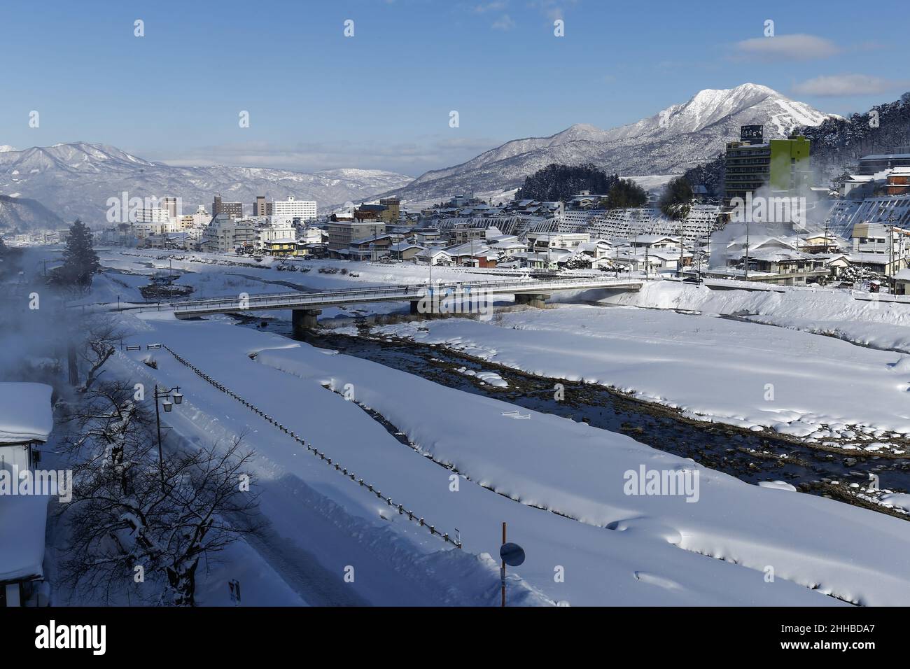 Yudanaka, Nagano, Japan, 2022/22/01 , View of Yomase river and the city ...