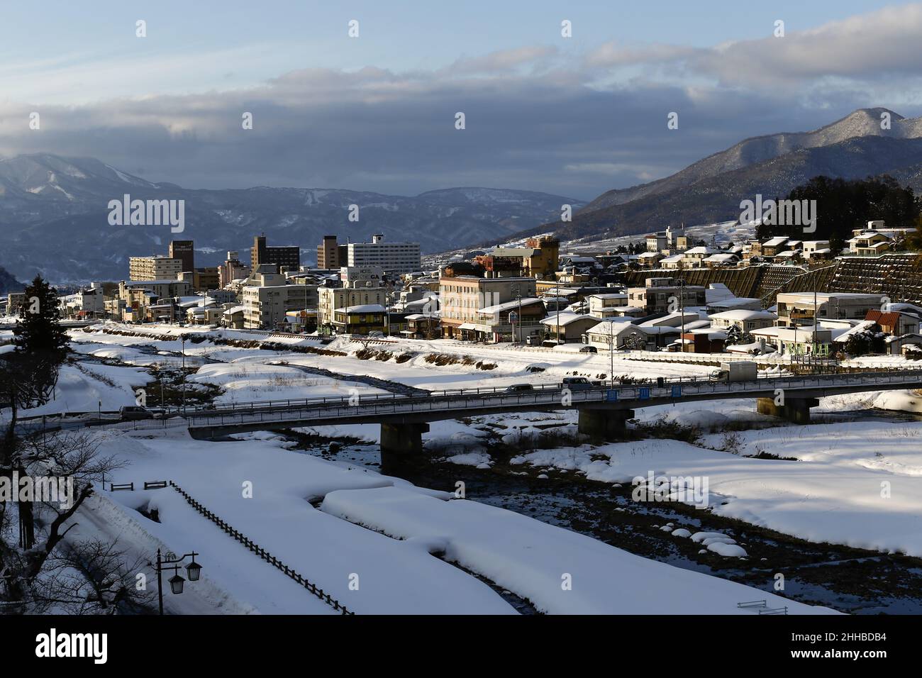 Yudanaka, Nagano, Japan, 2022/22/01 , View of Yomase river and the city ...