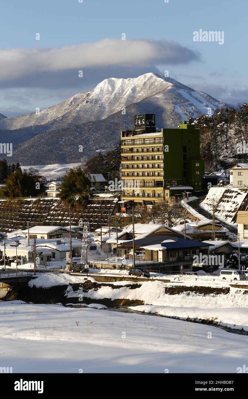 Yudanaka, Nagano, Japan, 2022/22/01 , View of Yomase river and the city ...