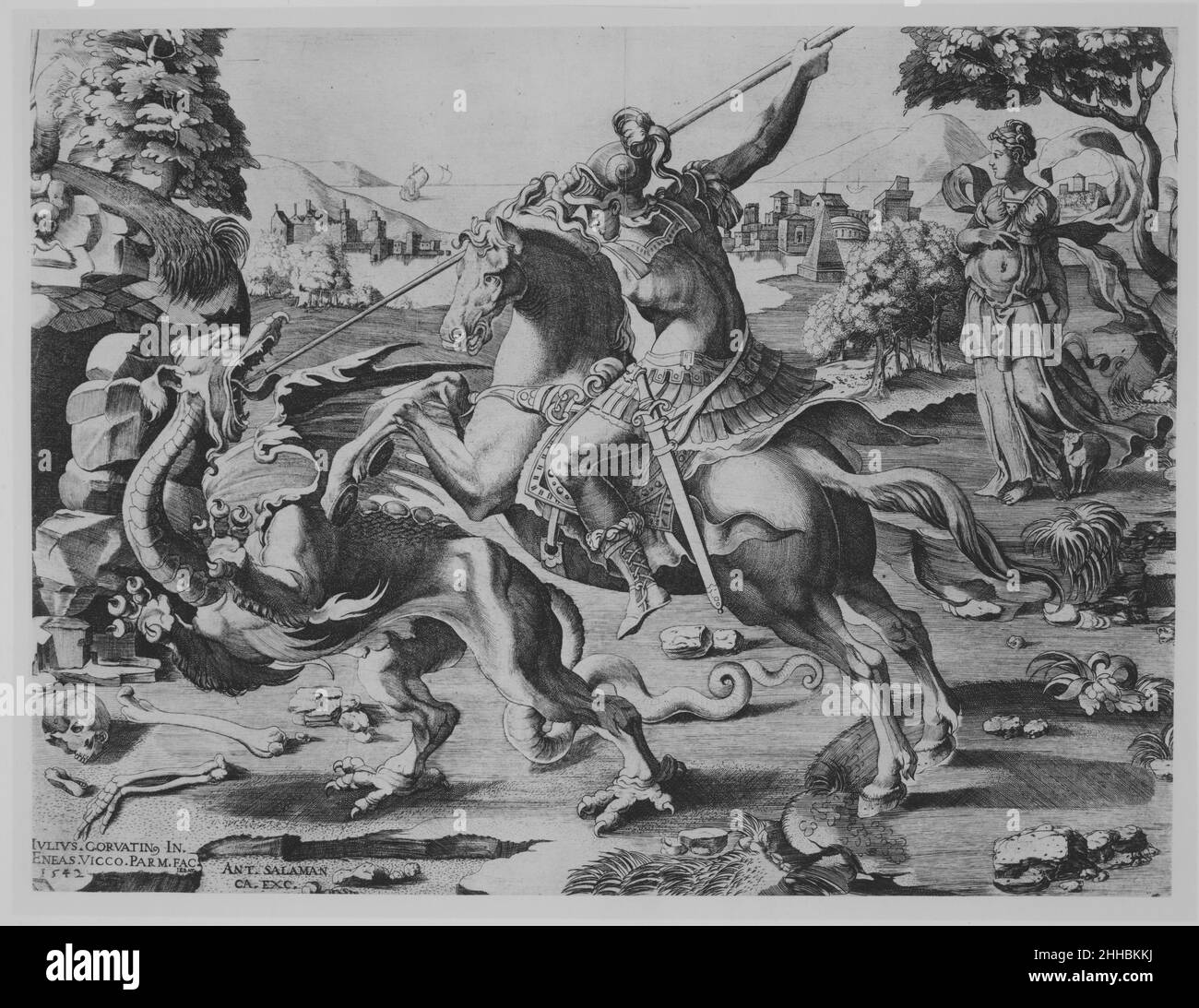St George Killing the Dragon 1542 Engraved by Enea Vico Italian. St ...