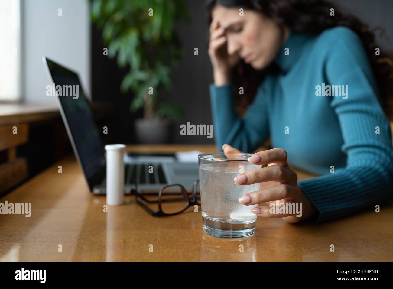 Unhealthy sick woman suffer from migraine take pill analgetic ...