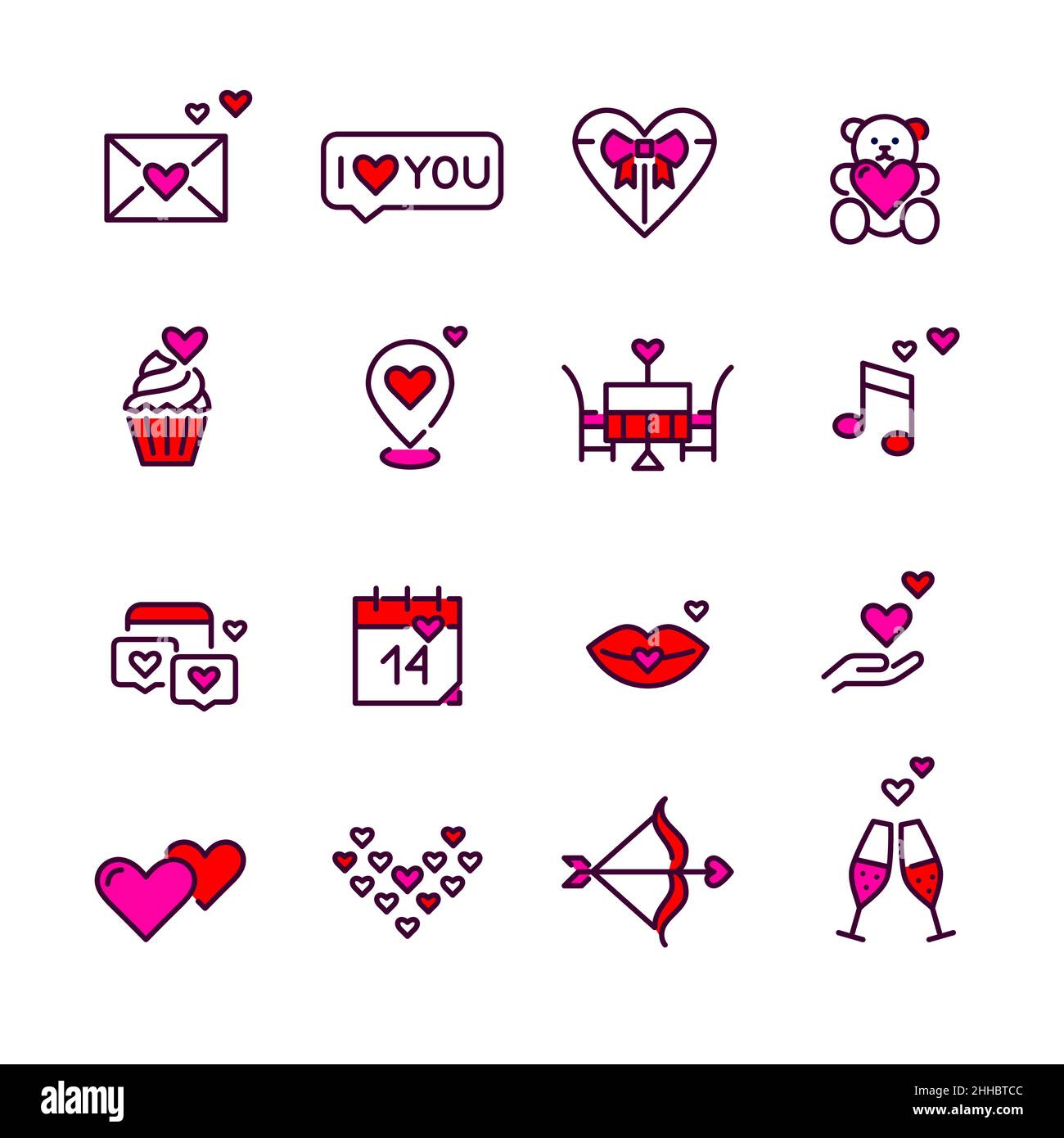Valentine Day February 14 romantic date icons set. 16 pixel perfect ...