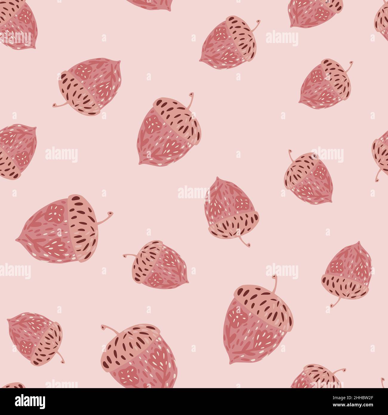 Seamless random pattern with red outline acorn elements. Light pink ...