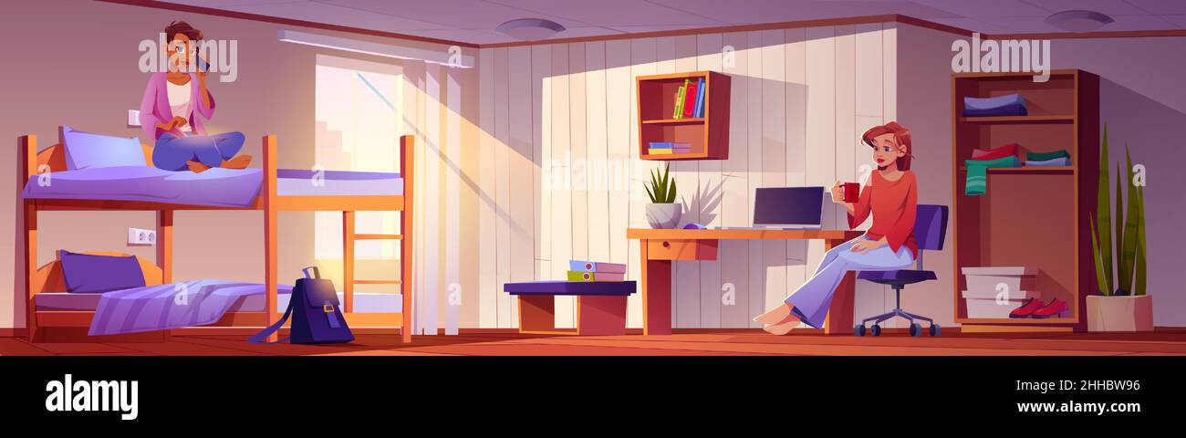Girls students in dormitory room with bunk, laptop on desk, wardrobe ...