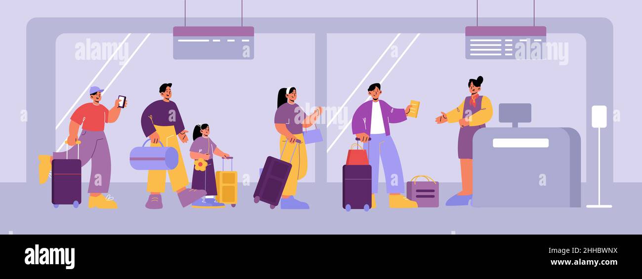 Airport terminal with check desk. People with suitcases standing in ...