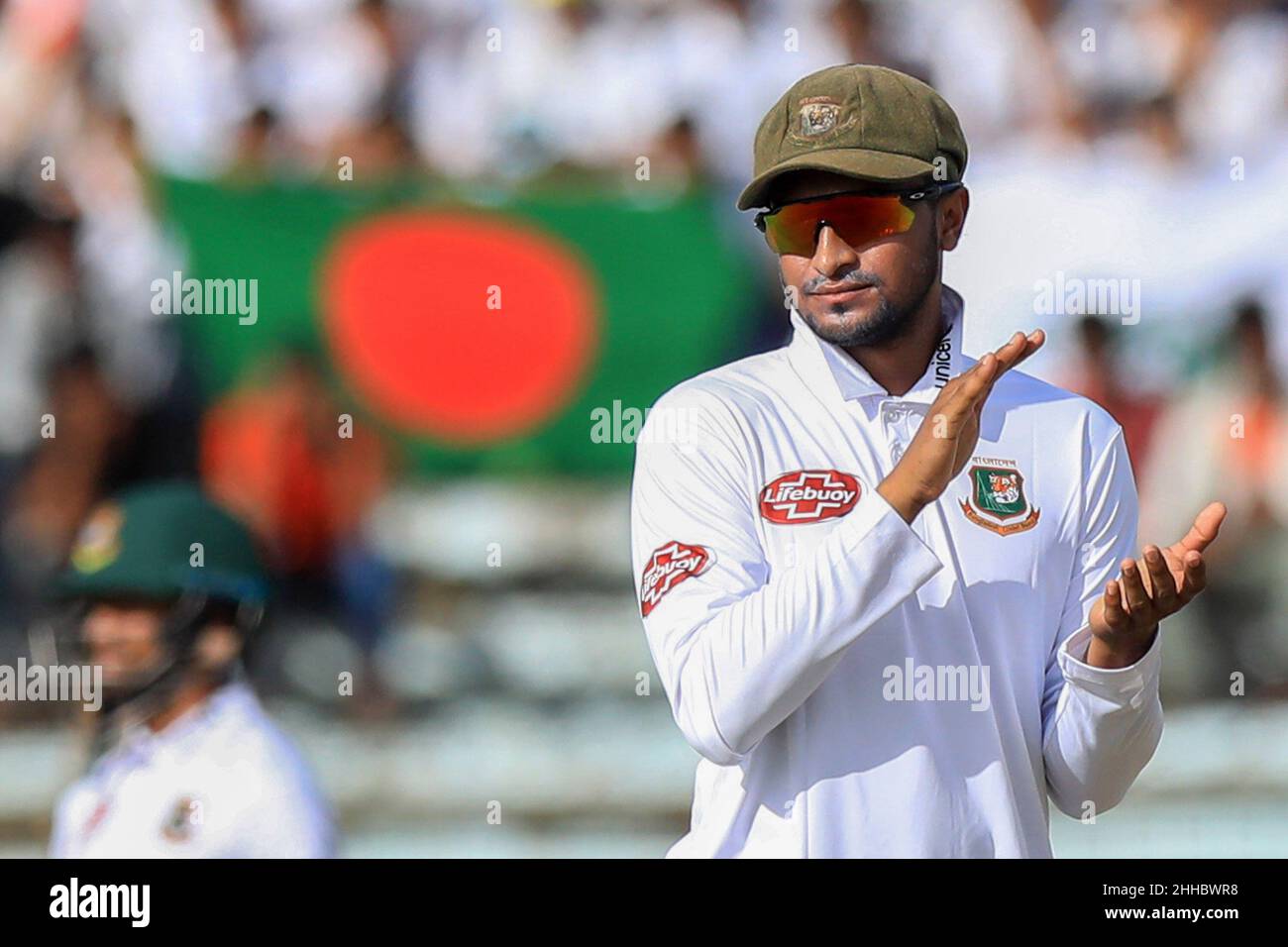 Bangladesh cricketer Shakib Al Hasan cheers during one-off cricket Test ...