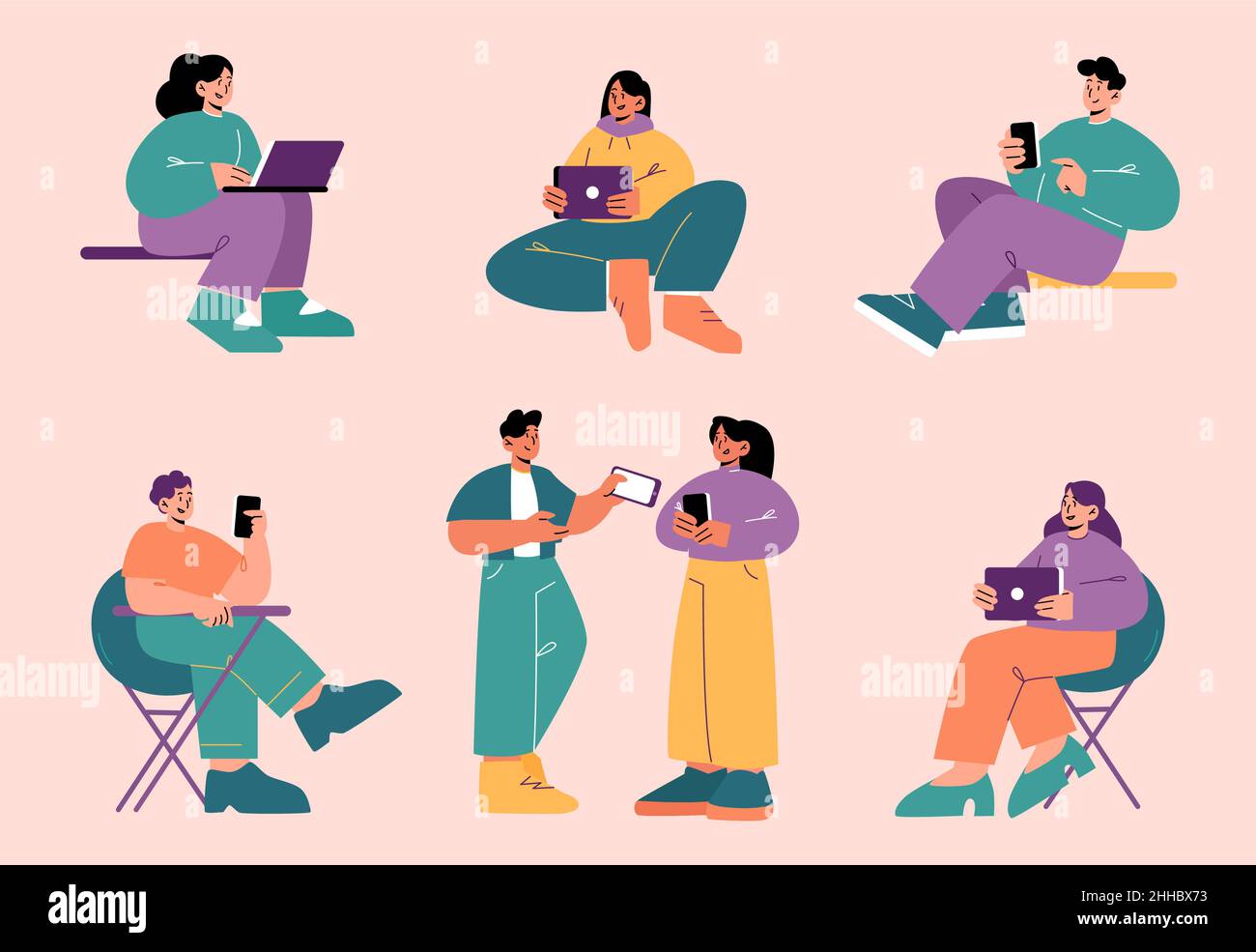 People use gadgets, young men and women with smartphones, laptops and ...