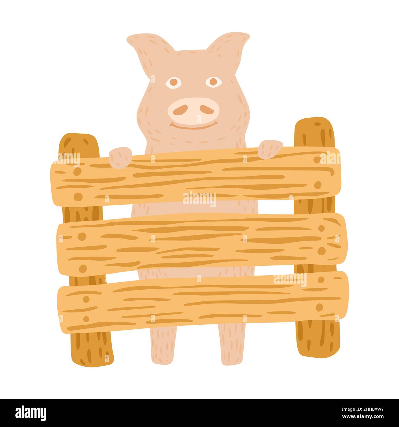 Pig stand with fence isolated on white background. Funny cartoon ...