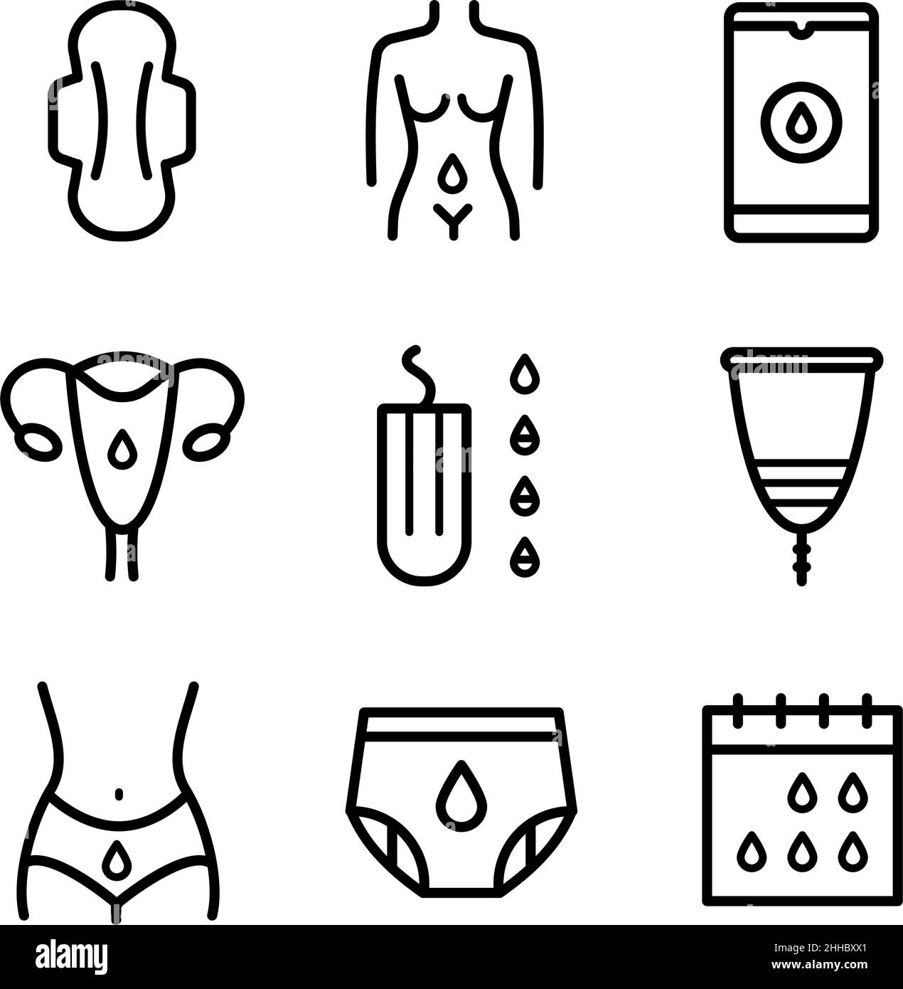 Menstruation outline icon set. Can be used to illustrate feminine ...