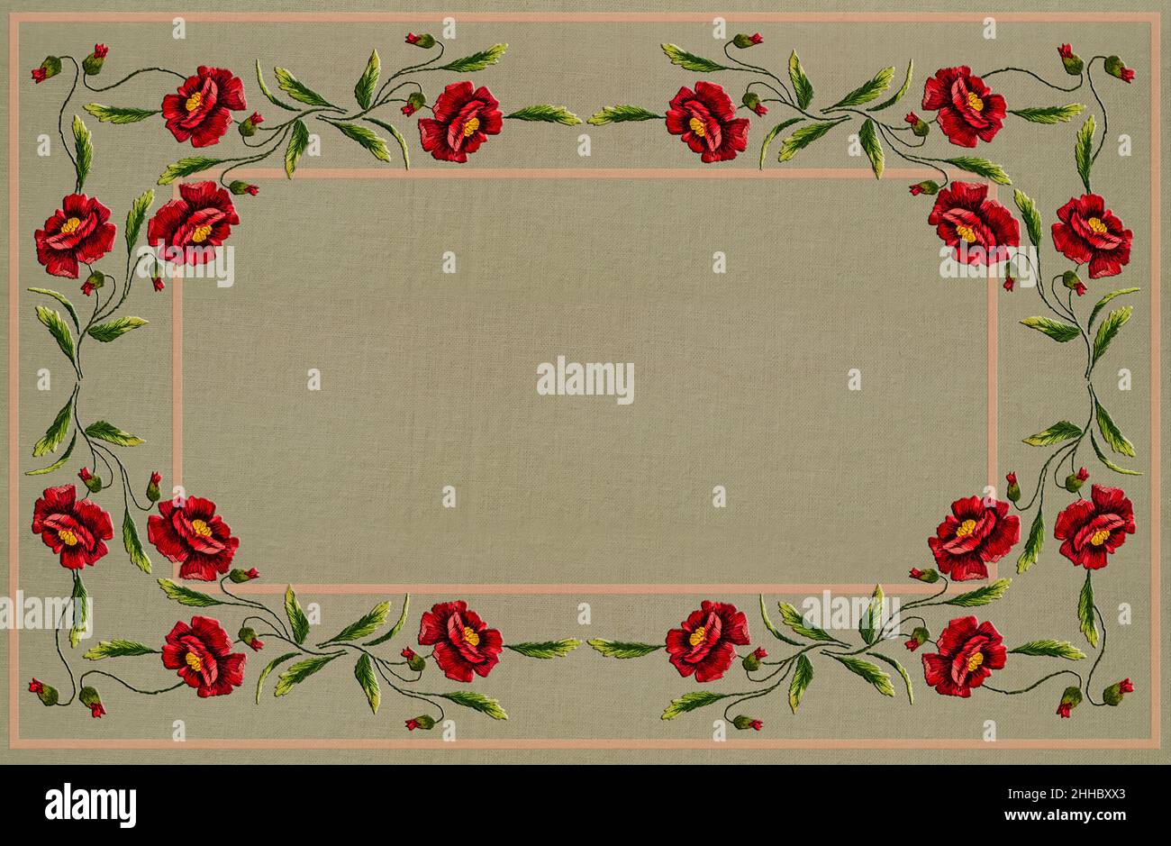 Pink rectangular frame with patterns of curved red poppies with leaves ...