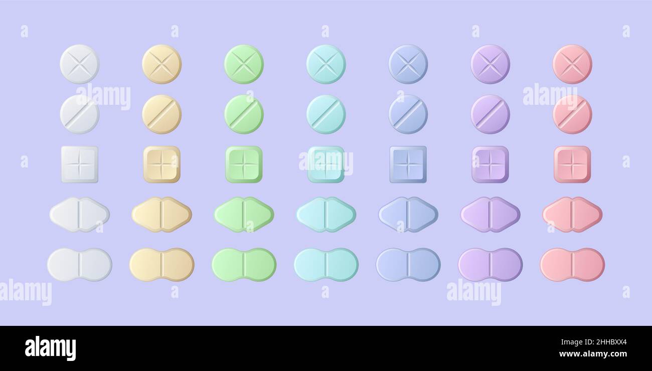 Medical pills and tablets different shapes and colors. Vector realistic ...