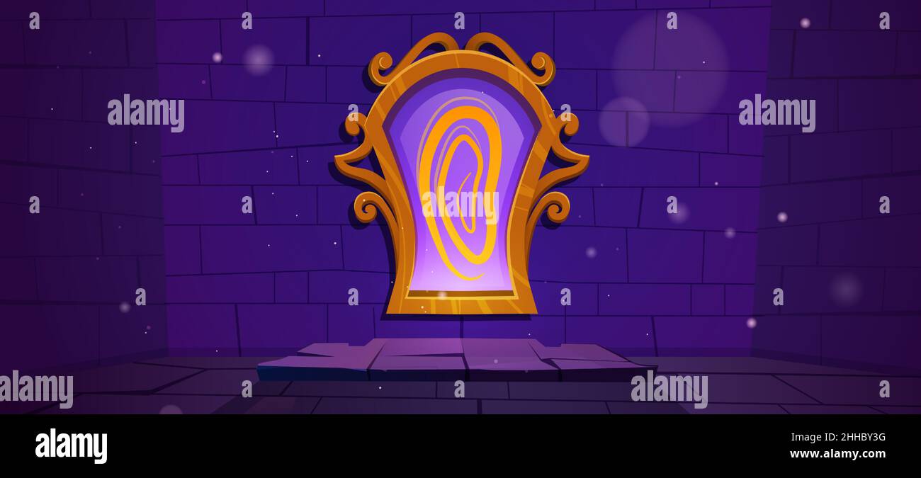 Magic mirror in golden frame on stone wall at night. Vector cartoon ...