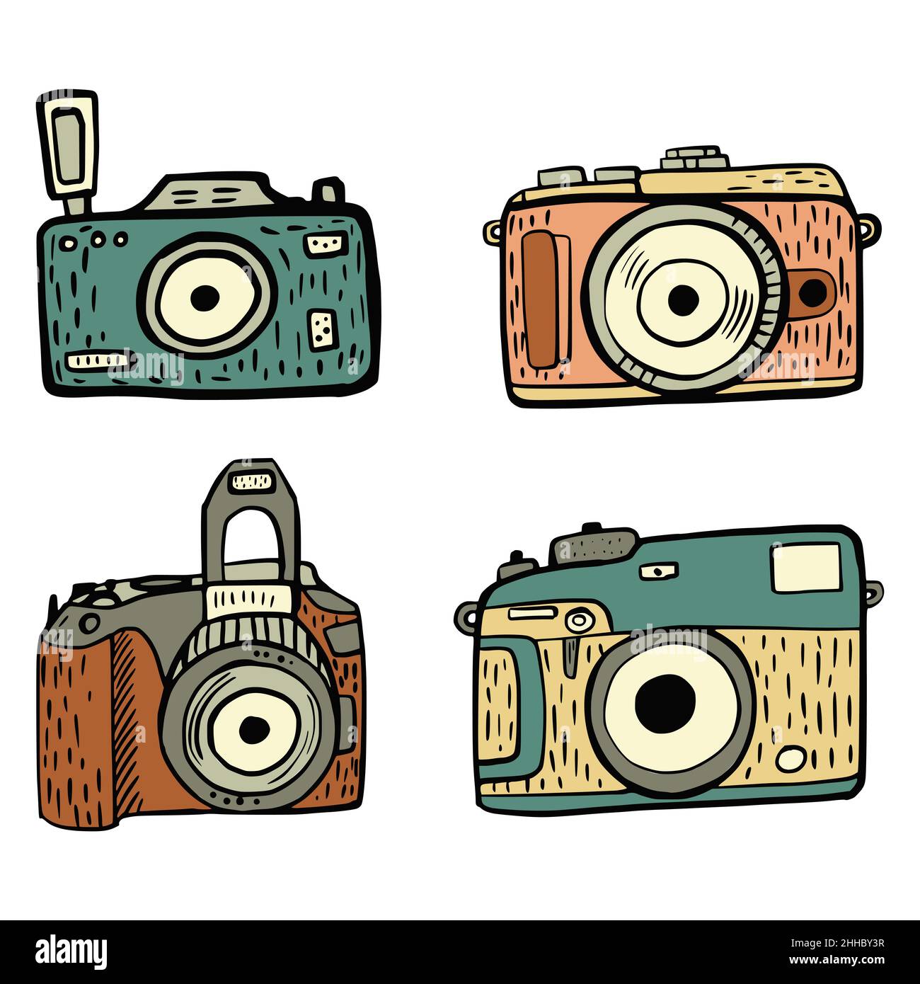 Set retro camera isolated on white background. Hand drawn vintage line ...