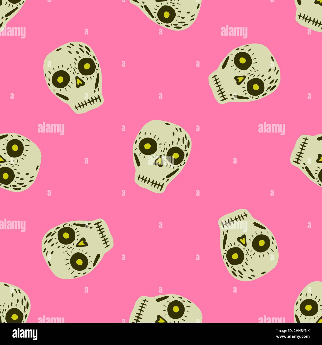 Bright seamless pattern with hand drawn skulls scary print. Pink ...