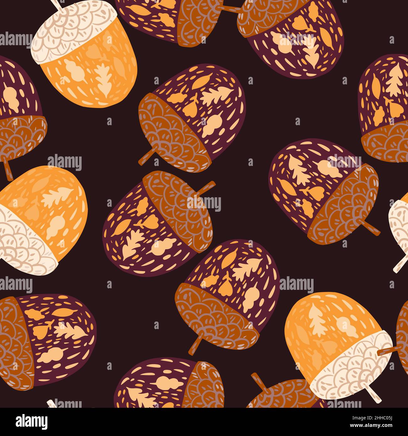 Random seamless pattern with doodle yellow and brown tones acorn ...