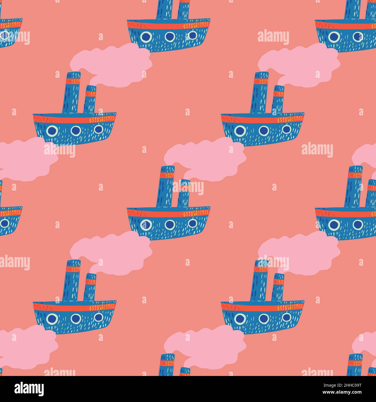 Cartoon kid with blue steamer ship ornament. Pink background. Travel ...