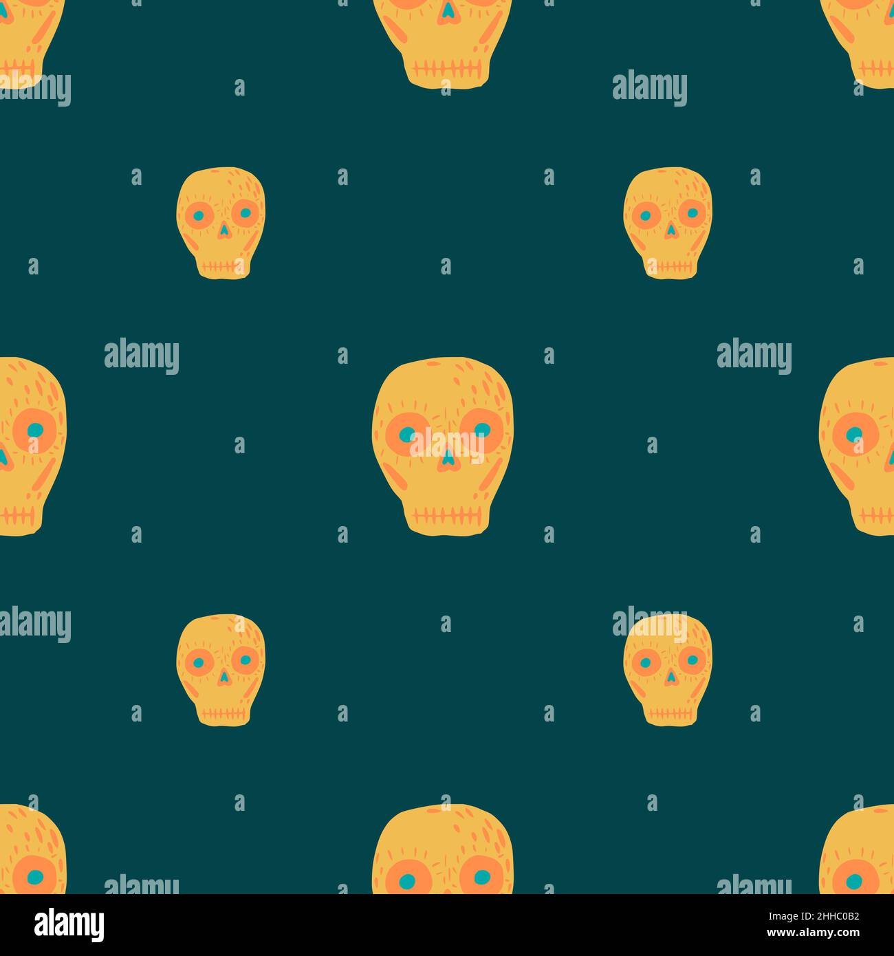 Traditional day of death seamless pattern with skulls orange shapes ...