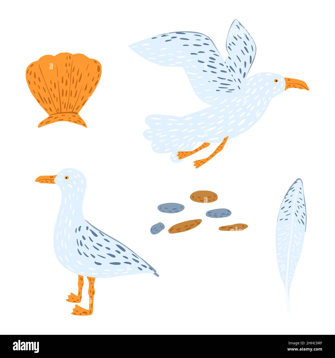 Set gulls isolated on white background. Hand drawn cute cartoon ...