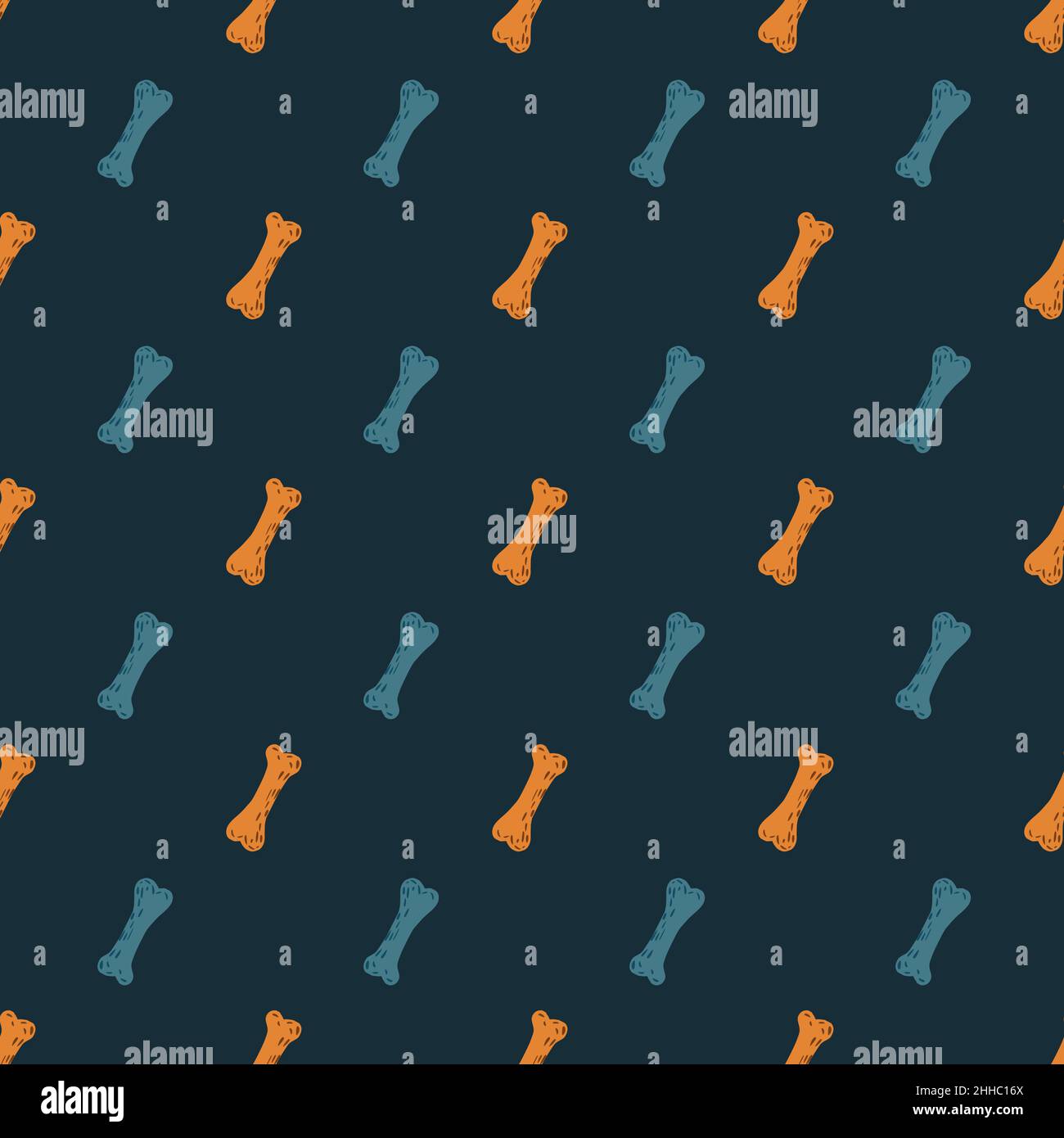 Blue and orange dog bones shapes seamless pattern. Dark navy blue ...
