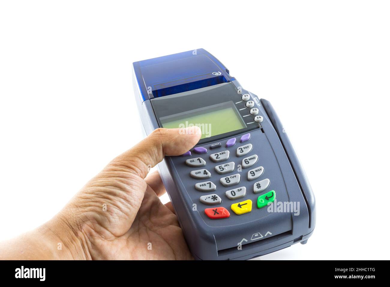 Hand hold credit card reader machine isolated on white background Stock ...