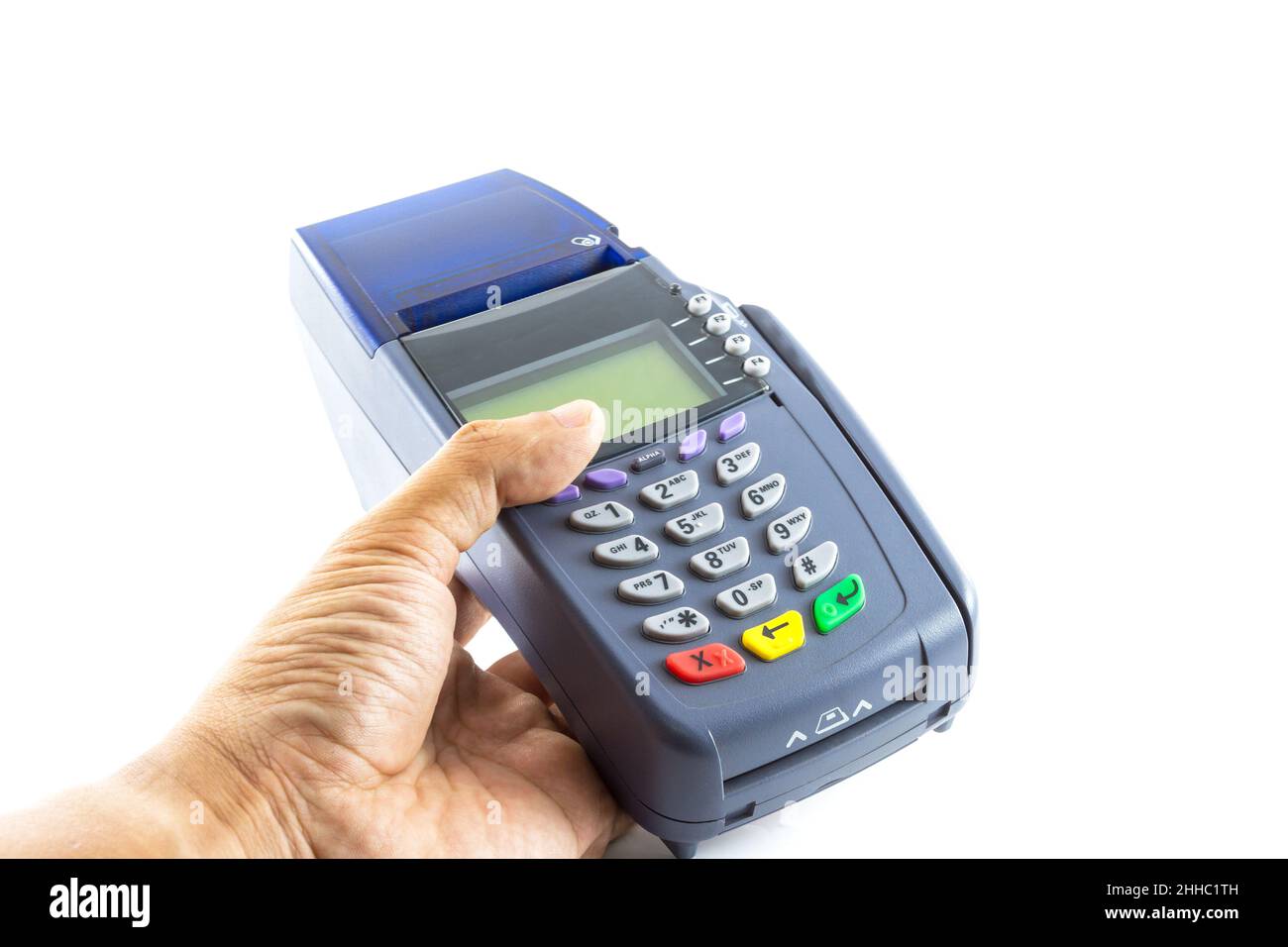 Hand hold credit card reader machine isolated on white background Stock ...