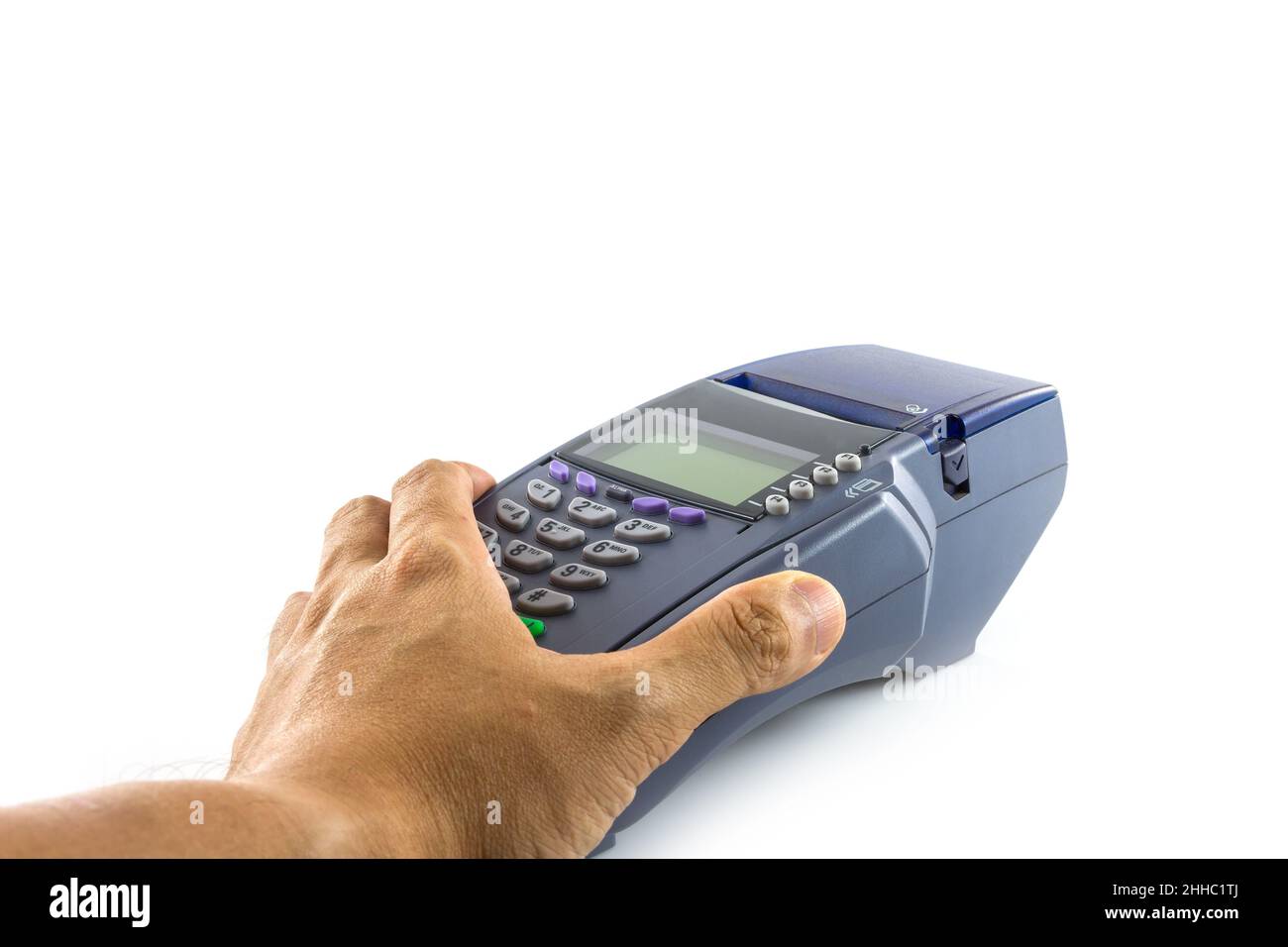 Hand hold credit card reader machine isolated on white background Stock ...