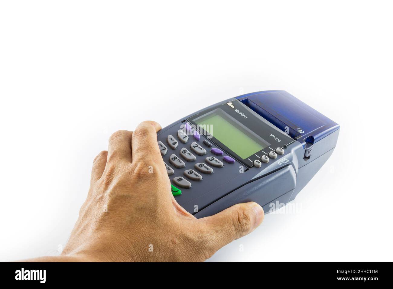 Hand hold credit card reader machine isolated on white background Stock ...