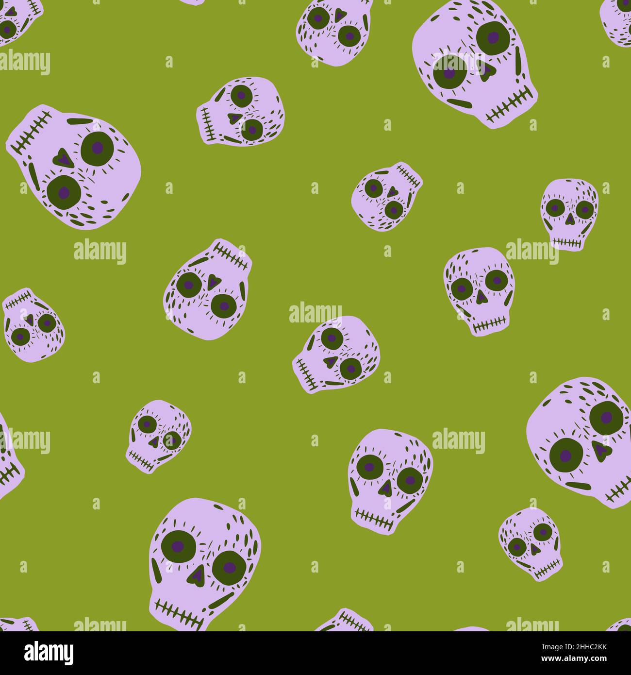 Random seamless pattern with grey creepy skulls elements. Green bright ...
