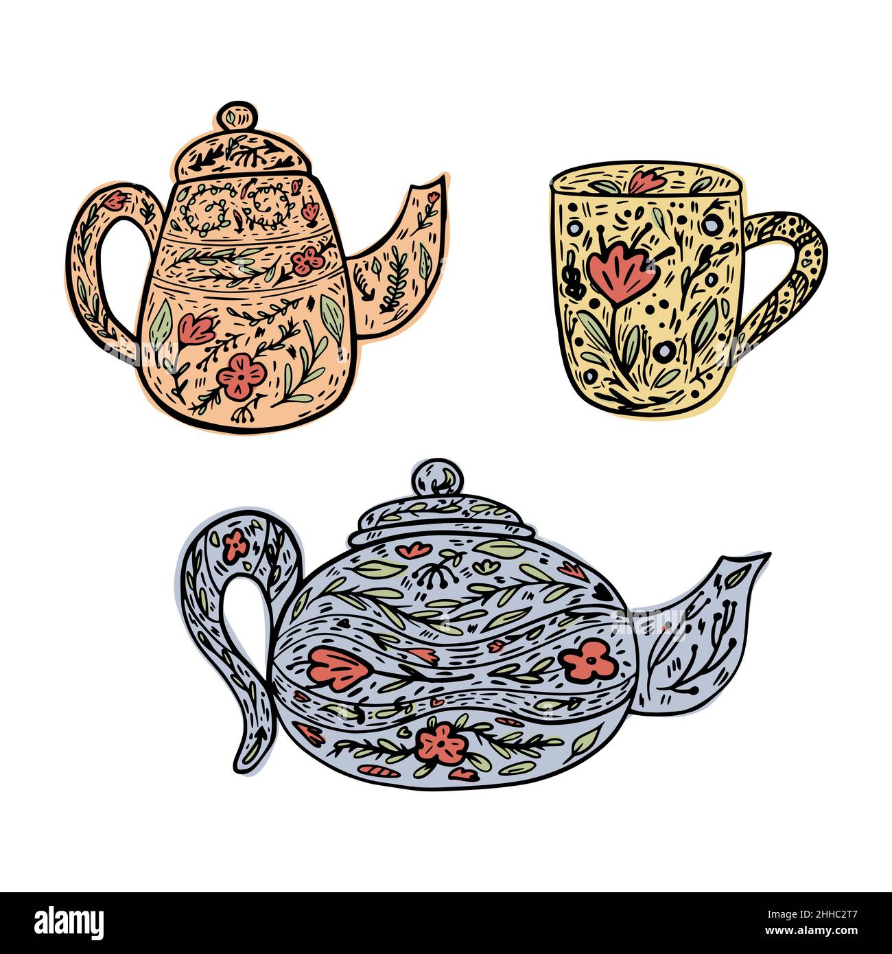 Set kettles isolated on white background. Hand drawn cute kettle high ...