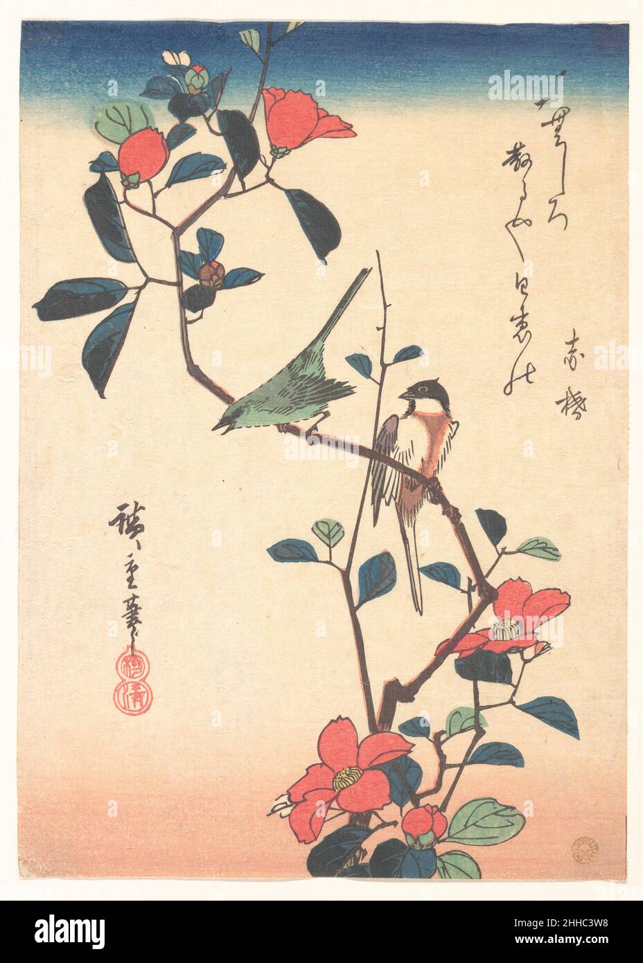Japanese White-eye and Titmouse on a Camellia Branch ca. 1840 Utagawa ...