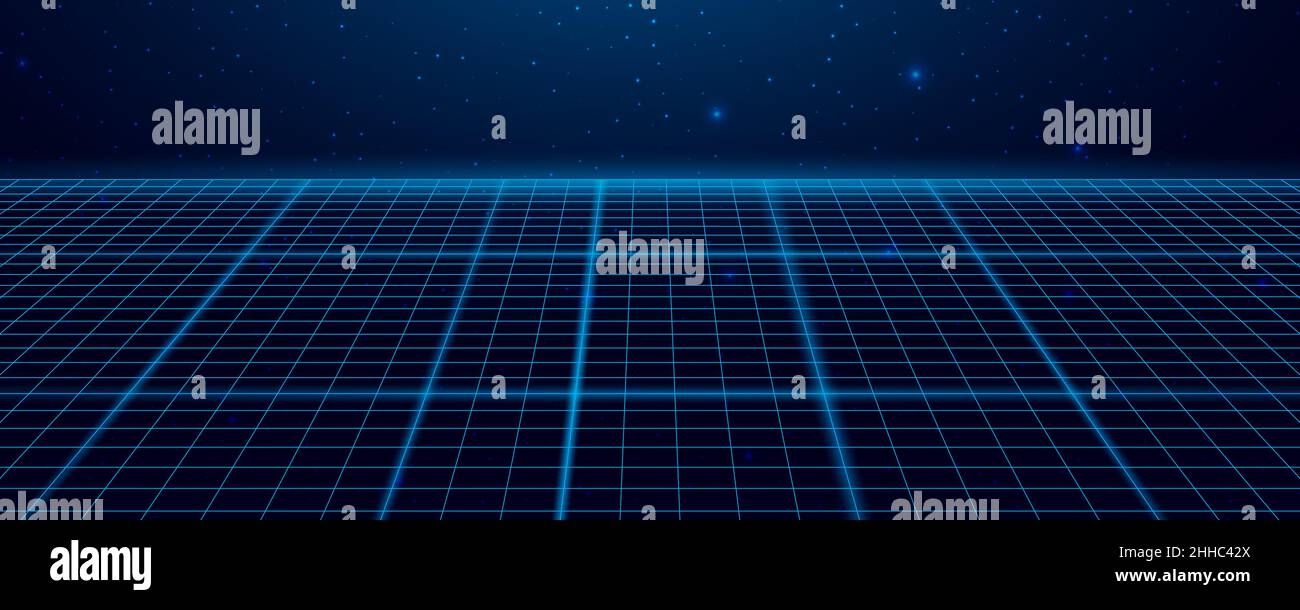 Wireframe perspective grid. Space neon infinity mesh, abstract retro ...