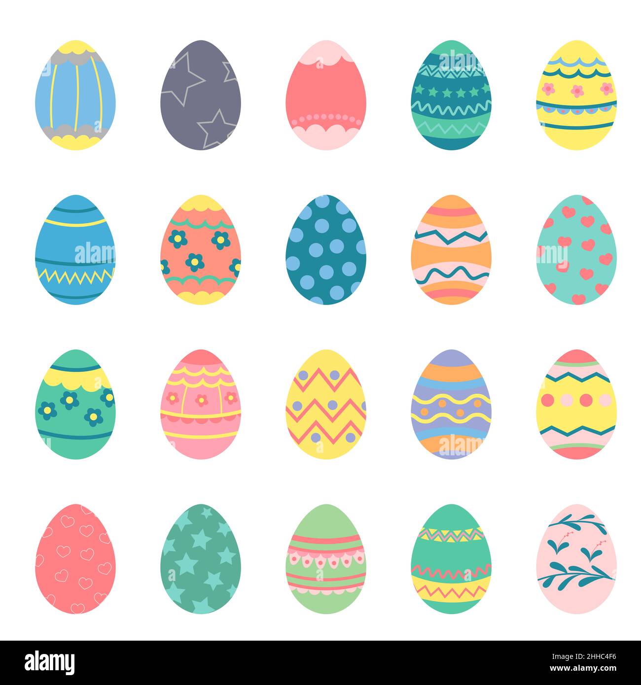 A set of Easter eggs of different colors and patterns on a white ...