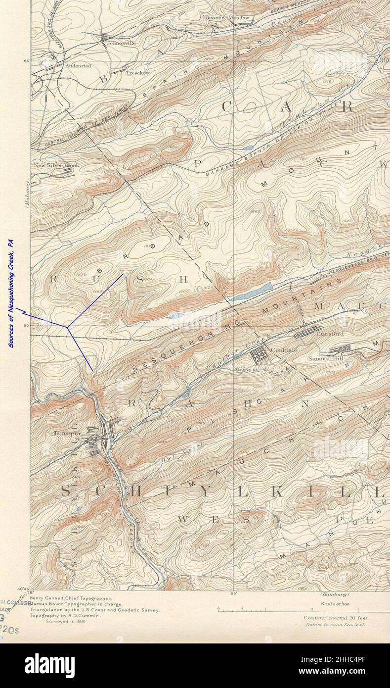 Sources of Nesquehoning creek from hzlt93sw map excerpt Stock Photo - Alamy