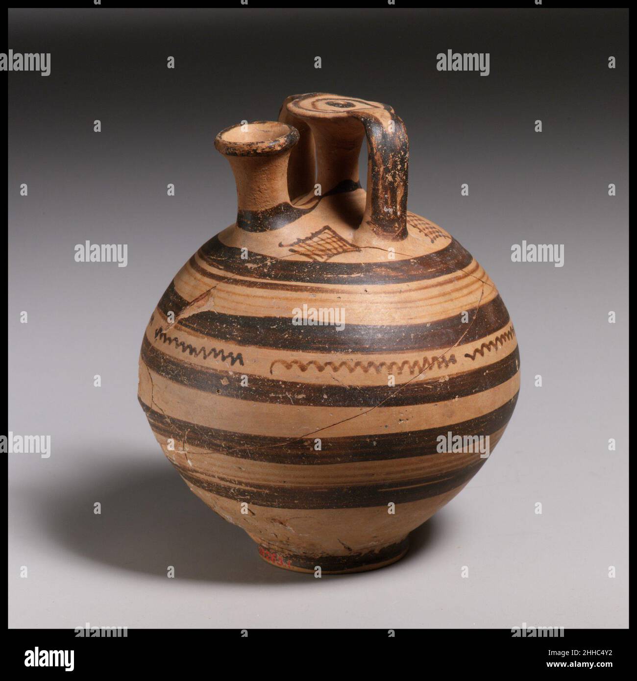 Terracotta stirrup jar ca. 1300–1200 B.C. Mycenaean With spout and two ...