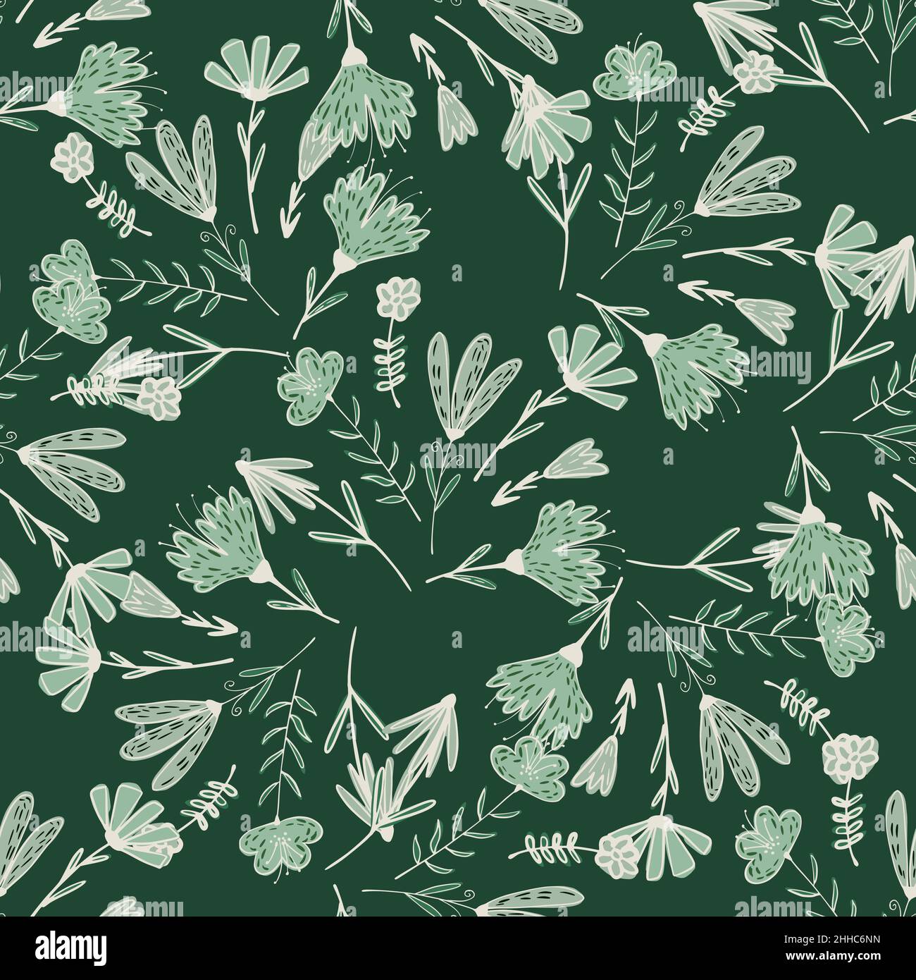 Seamless random pattern with outline daisy flowers hand drawn ornament. Green colored artwork ...