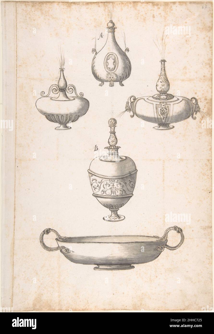 Design for Shallow Two Handled Dish and Four Perfume Bottles 16th century Erasmus Hornick ...