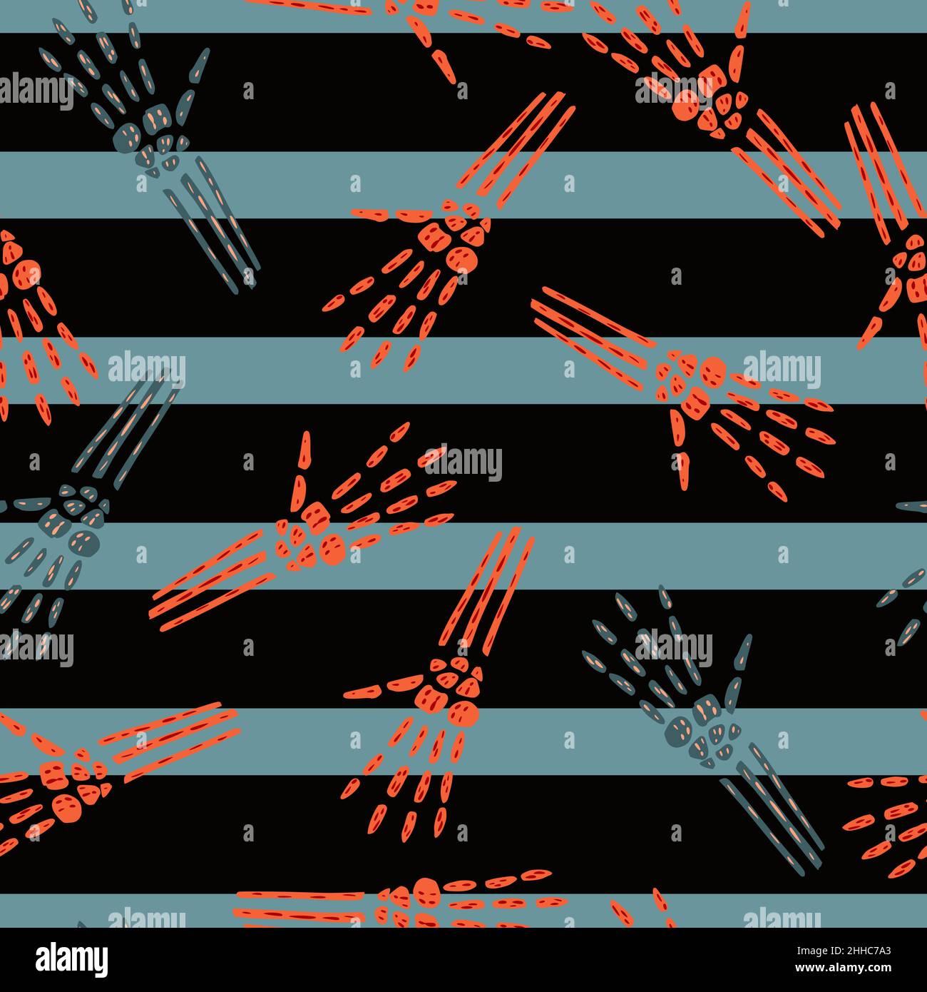 Contrast seamless horror pattern with skeleton hands ornament. Striped ...