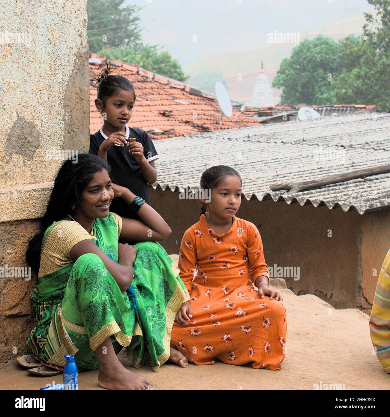 Indian Village Girls with Mother Stock Photo - Alamy