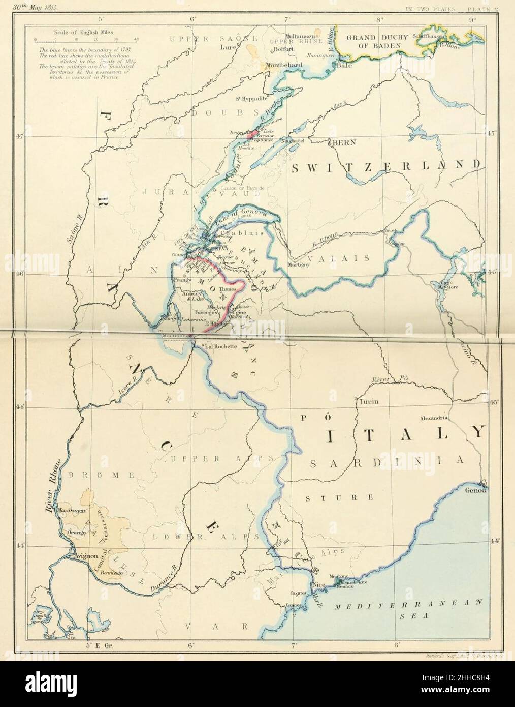 South-east frontier of France after the Treaty of Paris, 1814 Stock ...