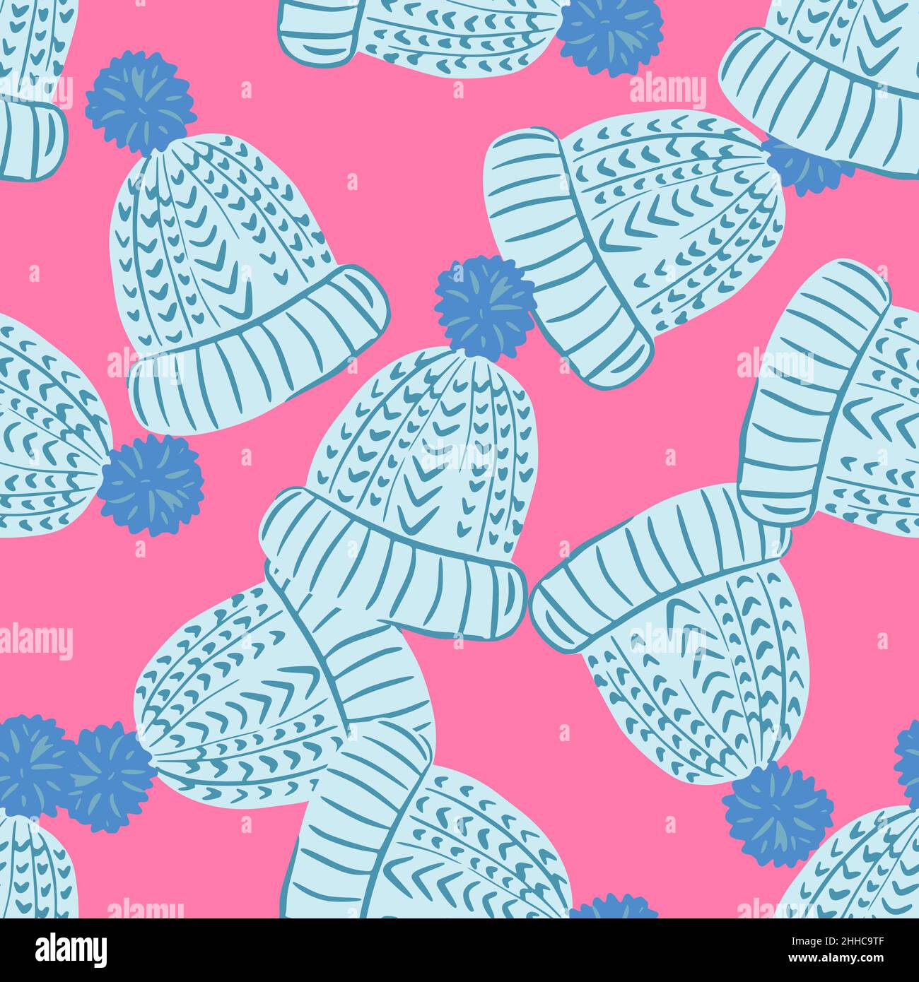 Random seamless pattern with blue cozy hat silhouettes. Pink bright ...