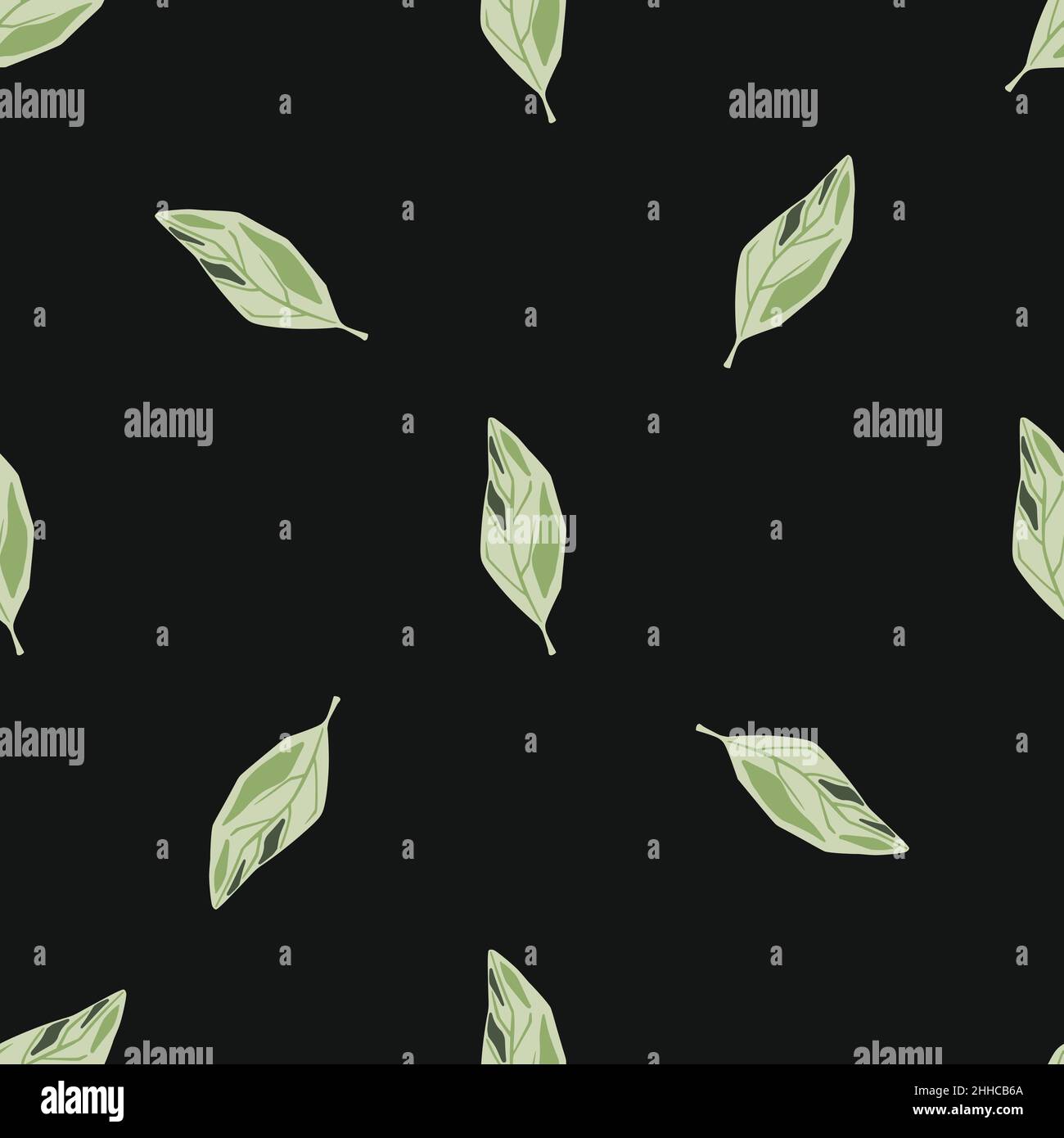 Cartoon botanic seamless pattern with light green leaf shapes. Black background. Flat vector ...